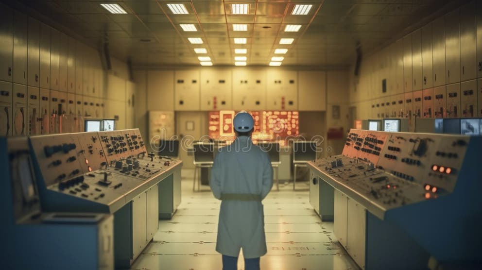 Backview of a Operator in the Control Room of a Nuclear Plant. the ...