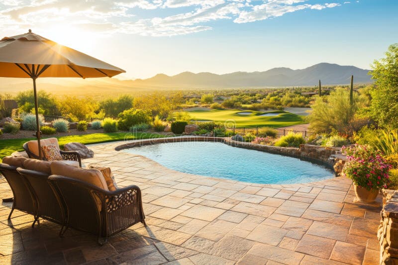 A Backyard in Arizona Features a Travertine Pool Deck, Which ...