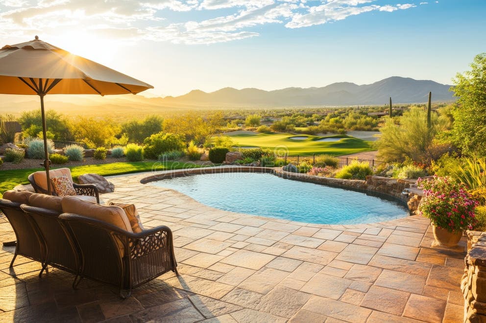 A Backyard in Arizona Features a Travertine Pool Deck, Which ...