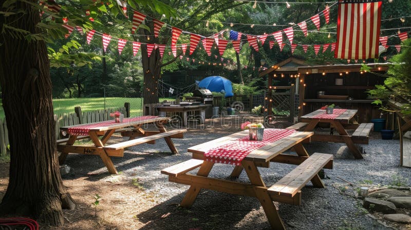 Backyard Barbecue Backdrop with Tables Set for July 4th Feasting Stock ...