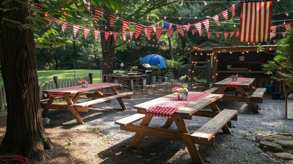 Backyard Barbecue Backdrop with Tables Set for July 4th Feasting Stock ...