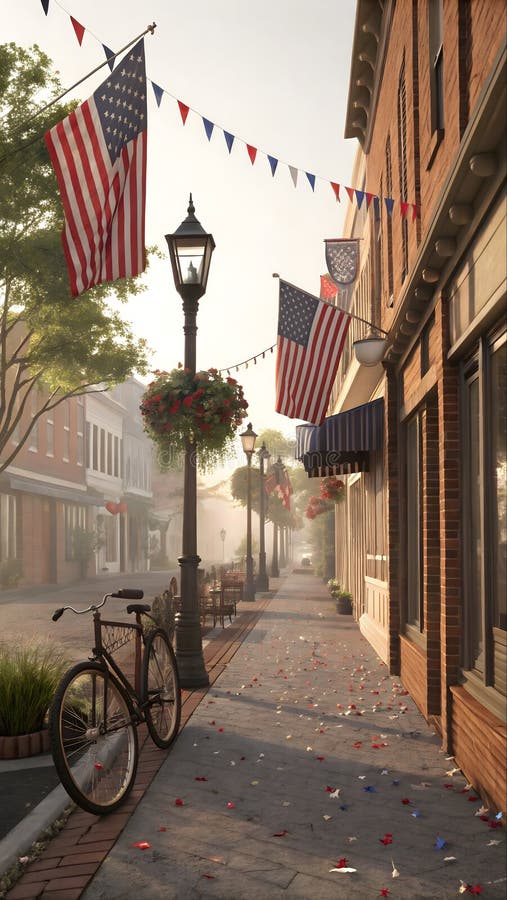 Dignified 4th of July Scene — American Flag & Modern Skyline at Sunset ...