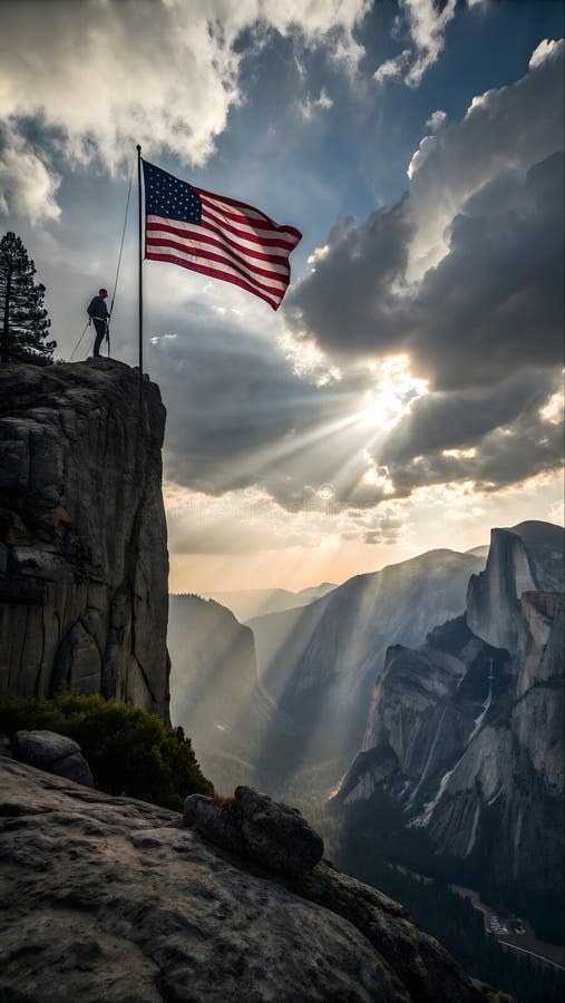 Dignified 4th of July Scene — American Flag & Modern Skyline at Sunset ...