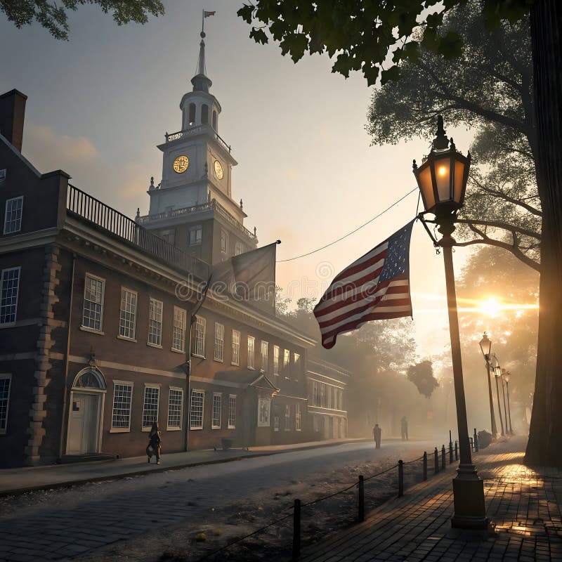 Dignified 4th of July Scene — American Flag & Modern Skyline at Sunset ...
