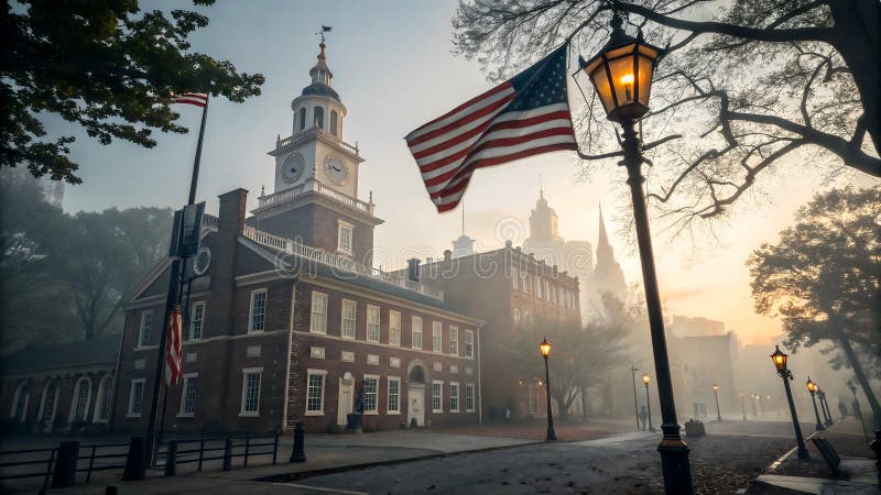 Dignified 4th of July Scene — American Flag & Modern Skyline at Sunset ...