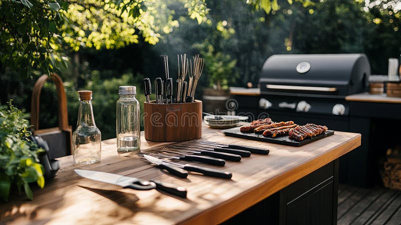 A Backyard Barbecue Prep Table with a Sturdy Wooden Surface, Set with ...