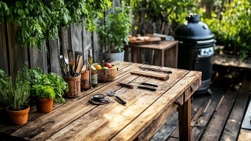 A Backyard Barbecue Prep Table with a Sturdy Wooden Surface, Set with ...