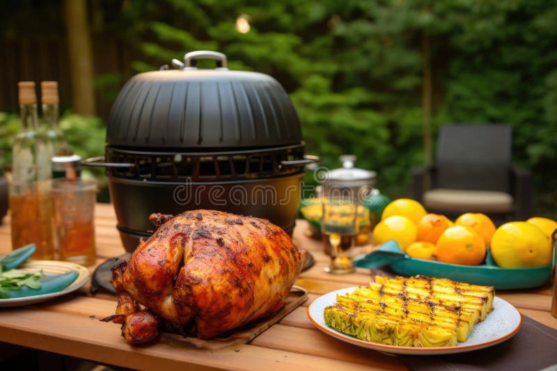 Backyard Barbecue Scene with Pineapples on a Rotisserie Stock Photo ...