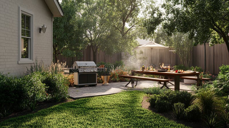 Backyard BBQ on Fathers Day with Grilling and Outdoor Games. Stock ...