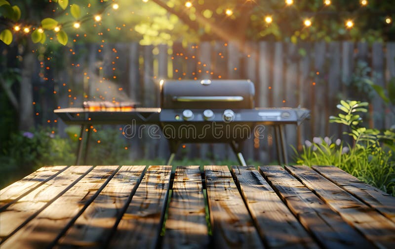 Backyard BBQ Grill with Empty Wooden Table in the Foreground Stock ...