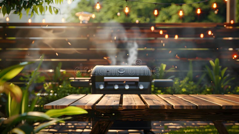 Backyard BBQ Grill with Empty Wooden Table in the Foreground Stock ...
