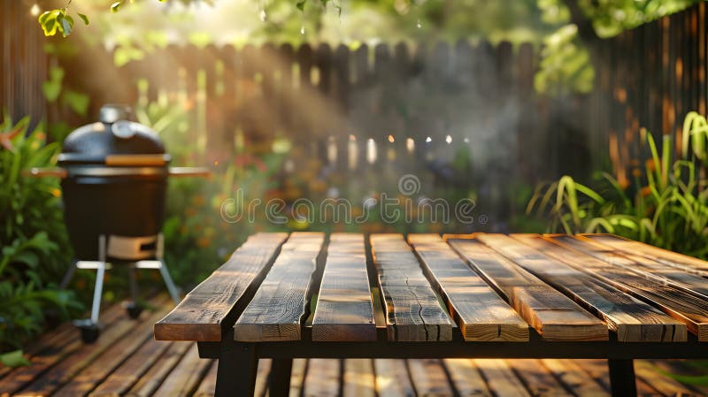 Backyard BBQ Grill with Empty Wooden Table in the Foreground Stock ...