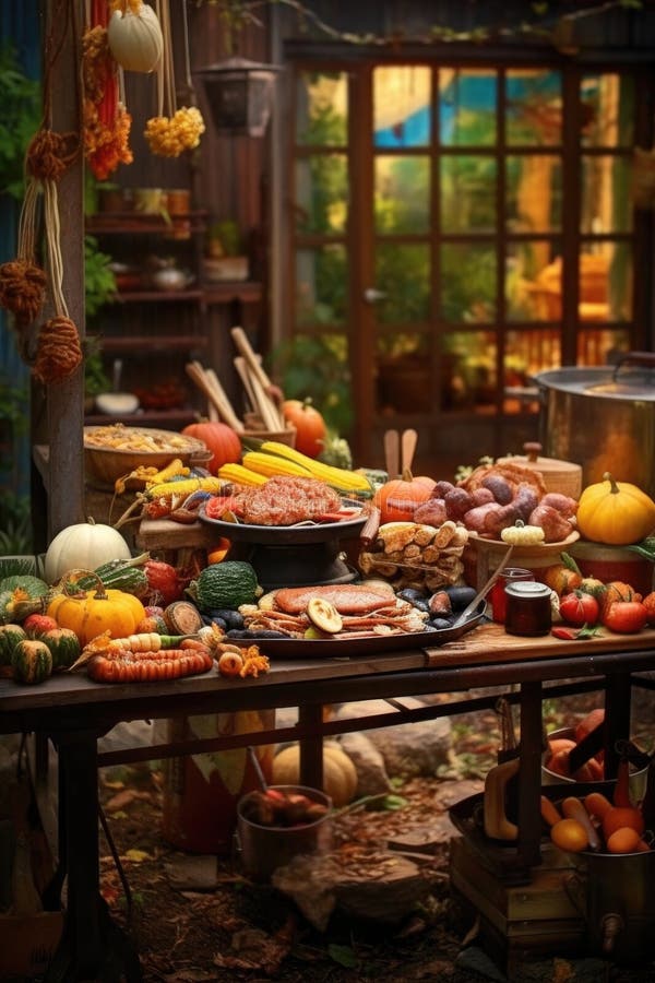 A Backyard Bbq Grill with Festive Food Items Stock Illustration ...