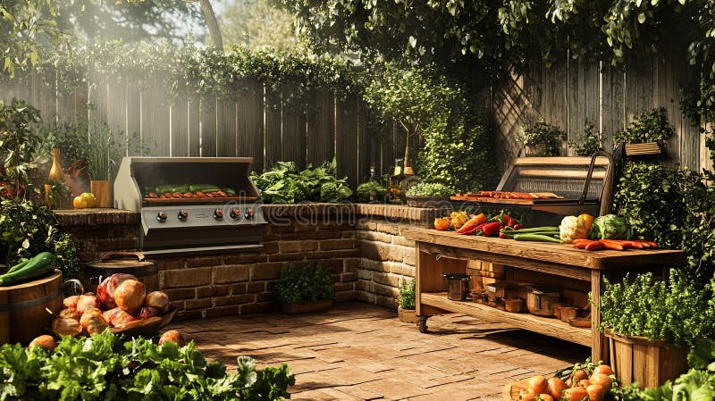 A Backyard BBQ Set Up with Fresh Vegetables and Meat Grilling on the ...