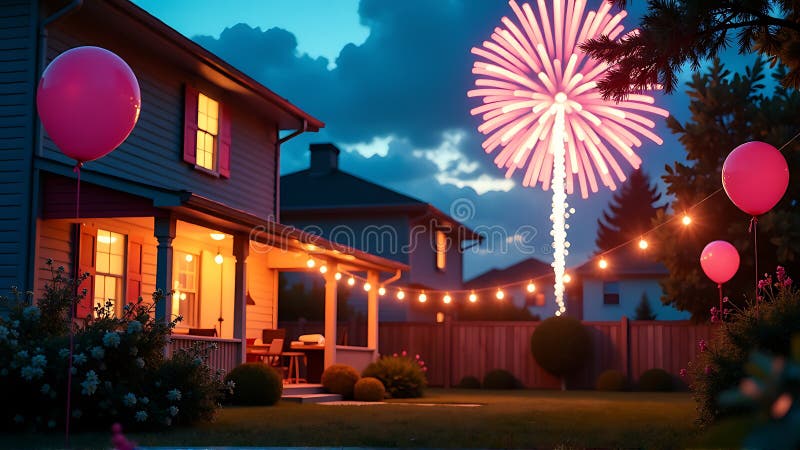 Backyard Celebration with Fireworks and String Lights Stock ...