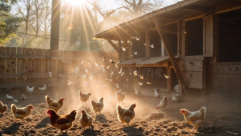 Backyard Chicken Coop with Dust Rising As Birds Scatter Under Breaking ...