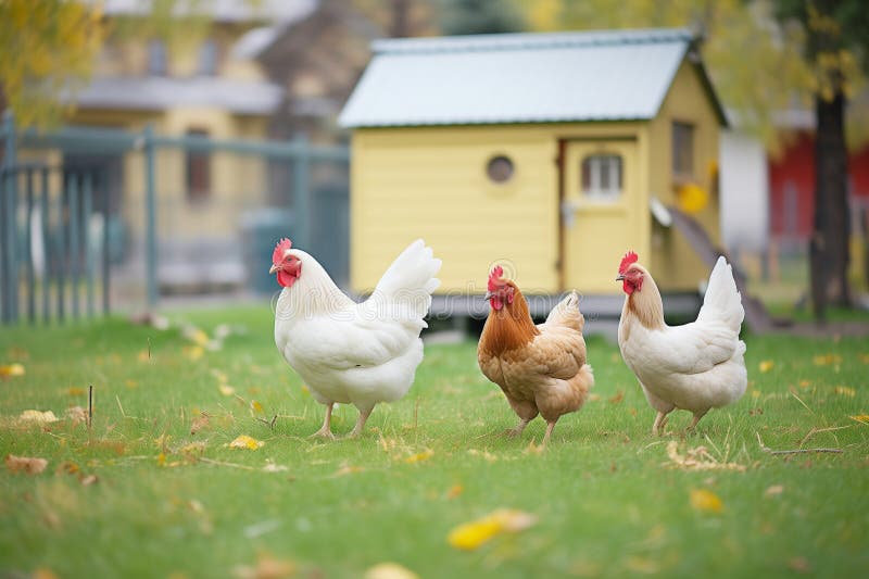 Backyard Chicken Coop with Free Range Hens Pecking at the Grass Stock ...