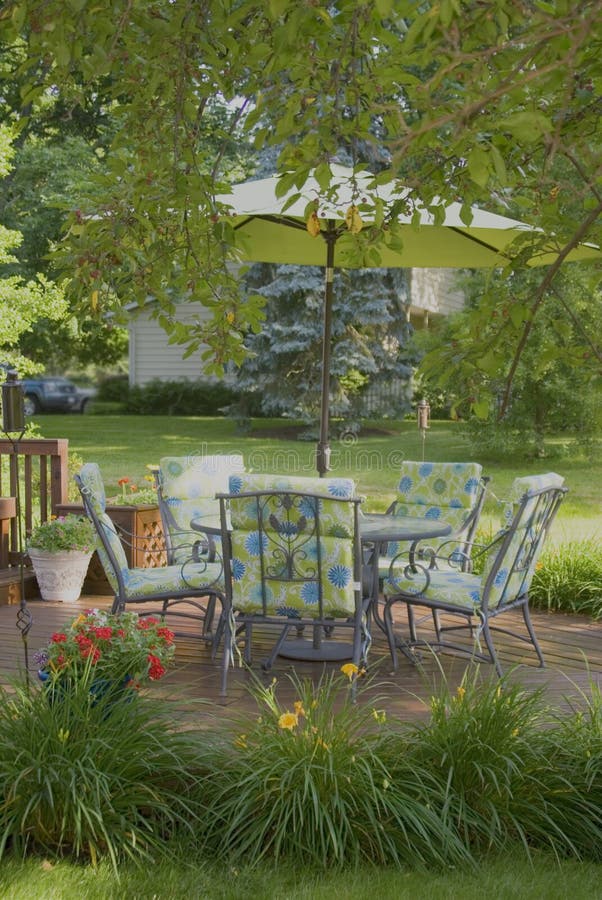 Backyard Deck in Spring Framed by Tree Stock Image - Image of flowers ...
