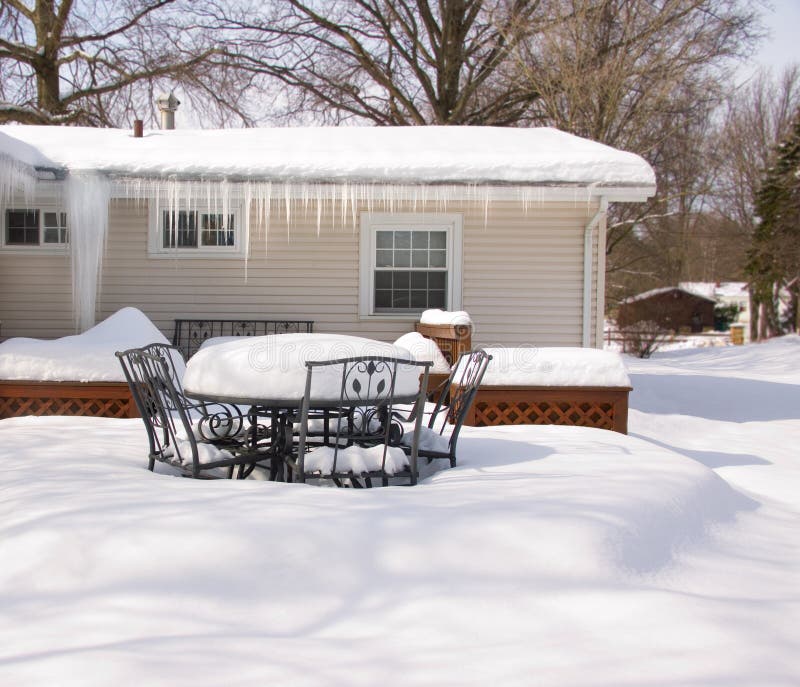 Backyard Deck in Winter Deep Snow and Icicles Stock Image - Image of ...