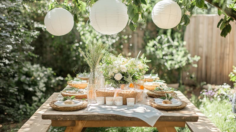 Backyard Eco Birthday Party Table with Natural Decor and Paper Lanterns ...