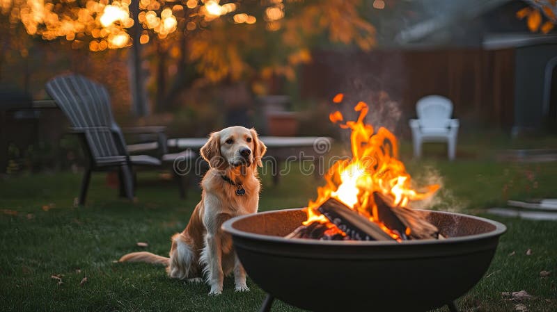 Backyard Fire Pit Burning Brightly Dog Sitting Close Stock Photos ...