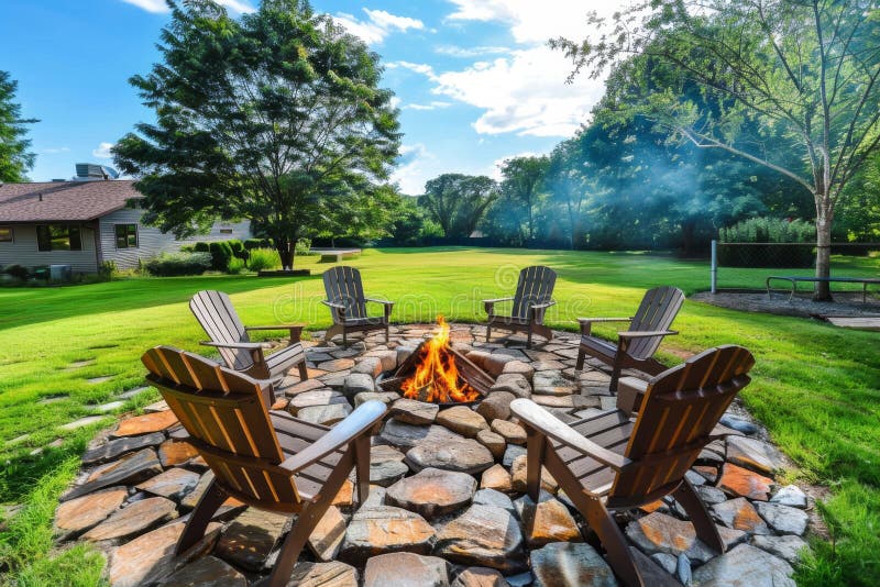 Backyard Fire Pit with Burning Firewood and Empty Adirondack Chairs ...