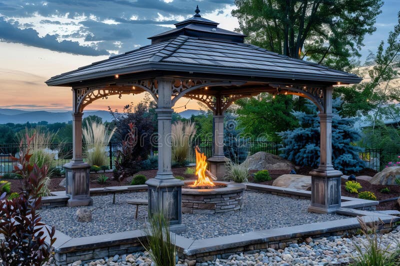 Backyard Fire Pit Burning Under Elegant Gazebo during Sunset Stock ...