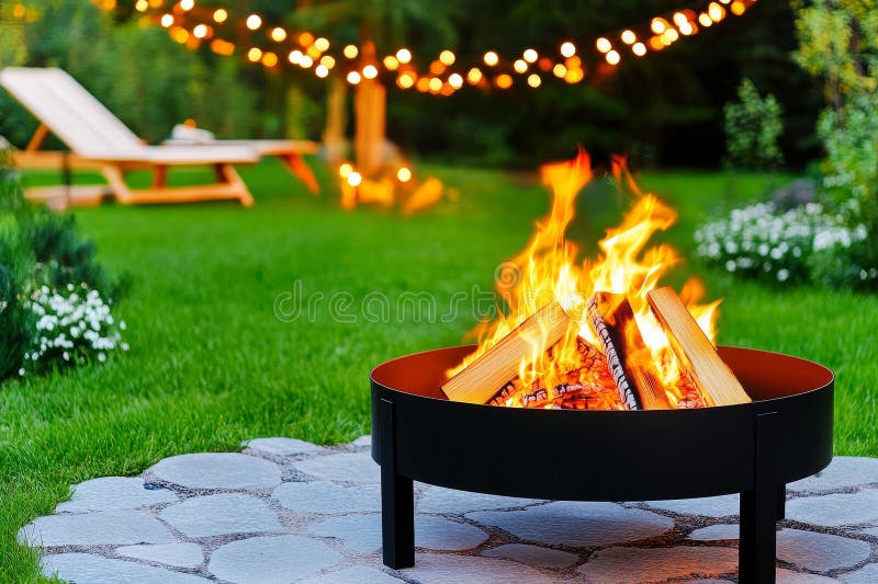 Backyard Fire Pit at Night a Cozy Fire Pit with Burning Wood in a ...