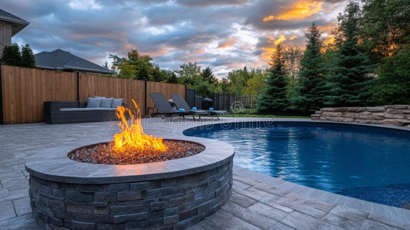 Backyard Fire Pit with Pool and Sunset Sky Stock Illustration ...