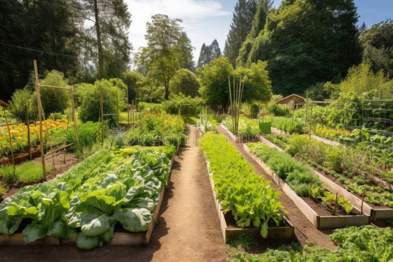 Backyard Garden with Rows of Vegetables and Fruit Trees, Surrounded by ...