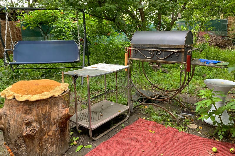 Backyard with Grill BBQ, Swing, Table and Tree Stump, Simple Resting ...