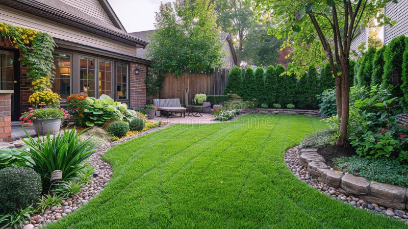 Backyard with Lawn and Landscaping Stock Photo - Image of plants ...