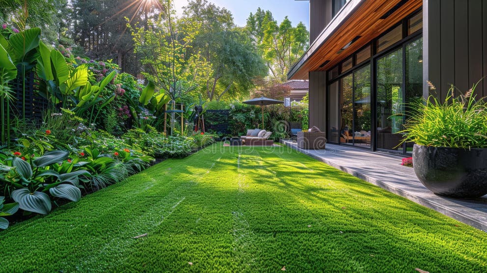 Backyard with Lawn and Landscaping Stock Photo - Image of design ...