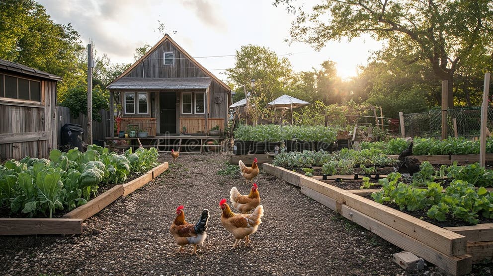 Backyard Micro-farm with Chickens Roaming between Veggie Beds . Stock ...