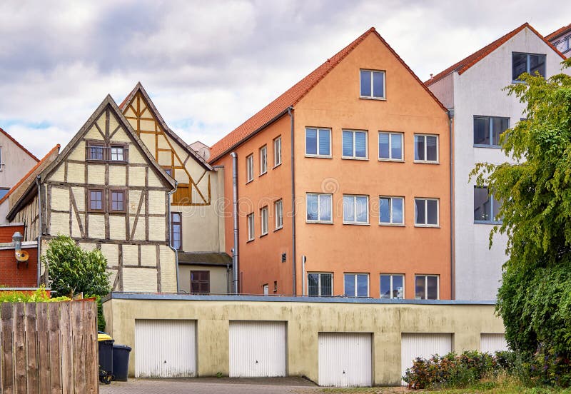 Backyard with Old Houses and Garages in the Old Town of Wismar Stock ...