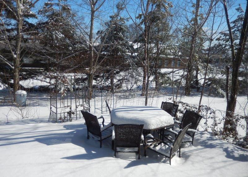 Backyard Outdoor Table and Chairs in Winter Stock Image - Image of ...