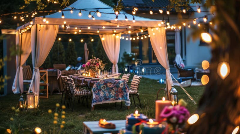 Backyard Party Backdrop with a Tent and String Lights for July 4th ...