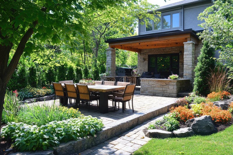 Backyard Patio Featuring Outdoor Kitchen and Dining Area Surrounded by ...