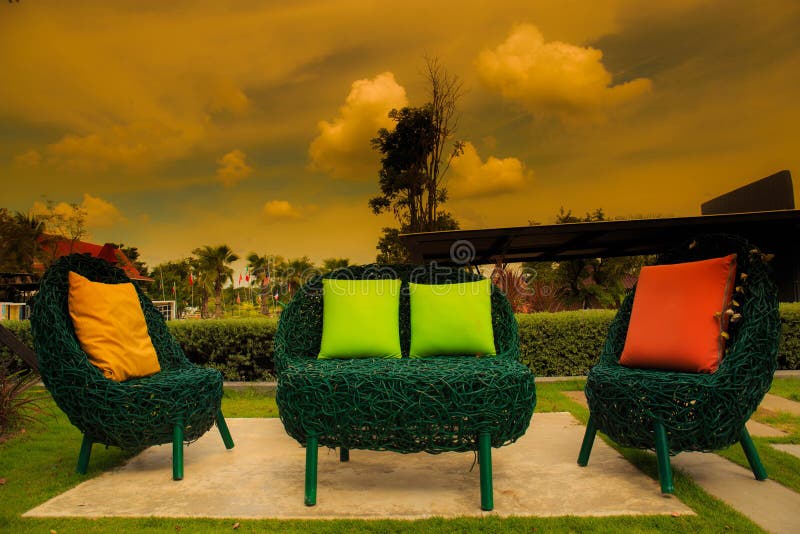 Backyard Patio in Garden with Sunset Stock Photo - Image of garden ...