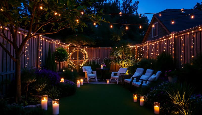 Backyard Patio at Night, String Lights and Cozy Outdoor Space Generative AI Stock Illustration ...