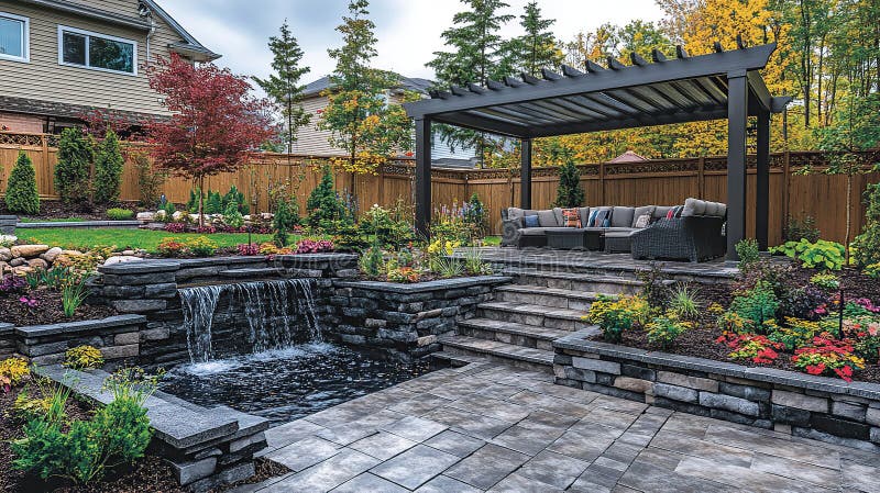 Backyard Patio with Water Feature and Pergola Stock Illustration ...