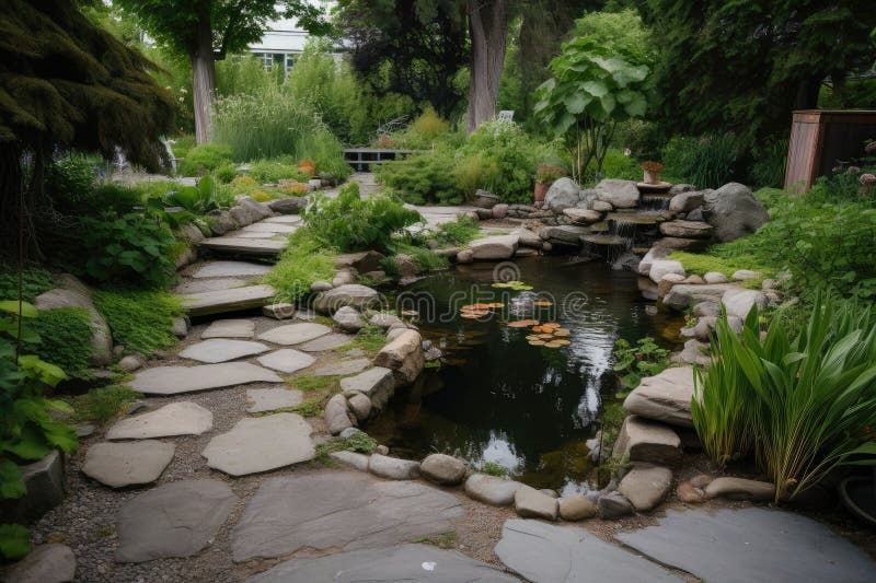 Backyard Pond Surrounded by Stone Walkways and Greenery Stock ...