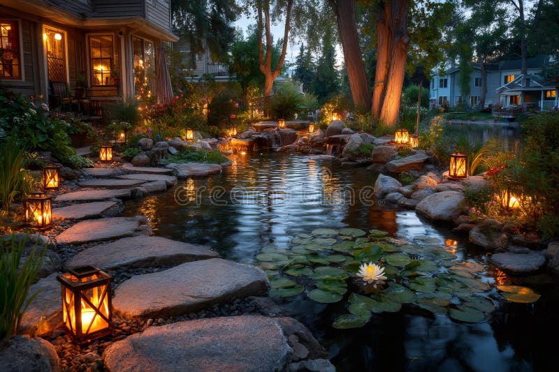 Backyard Pond with Water Lilies and Lanterns Illuminating the Stone ...