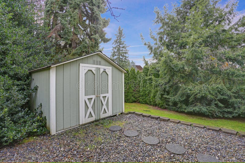 Backyard Shed with Lots of Trees Around Stock Photo - Image of view ...