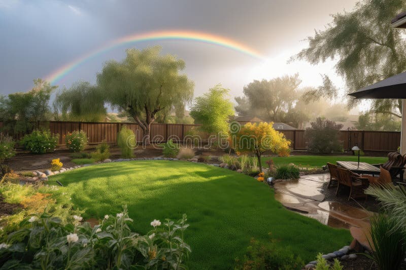 Backyard with Sprinkler and Rainbow in the Background Stock ...