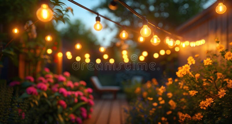 A Backyard with String Lights is Lit Up at Night Stock Photo - Image of ...