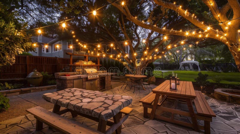 Backyard with String Lights and Picnic Table Stock Image - Image of ...