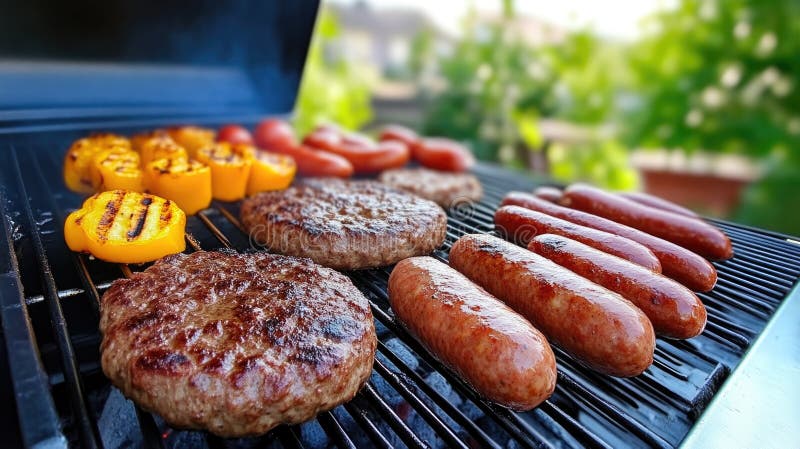 Backyard Summer BBQ Grill with Sizzling Meats and Veggies. Stock ...