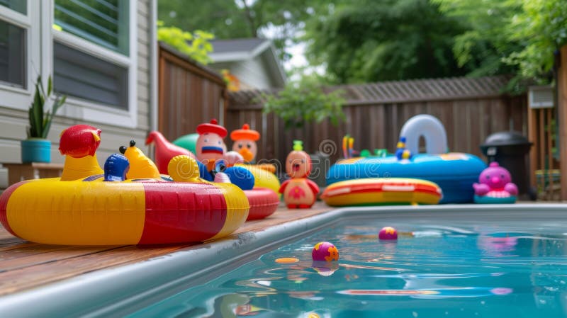 Backyard Swimming Pool with Inflatable Toys Stock Illustration ...