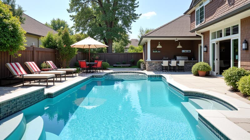 Backyard Swimming Pool with Outdoor Kitchen and Lounging Area Stock ...